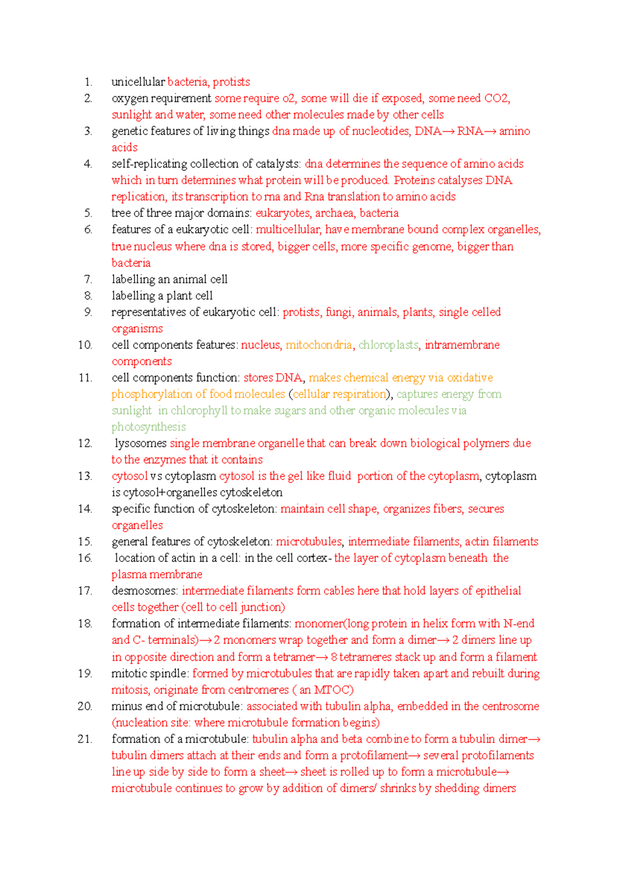 Bio 1140 Key Terms: Unicellular Bacteria, Eukaryotic Cells, and ...
