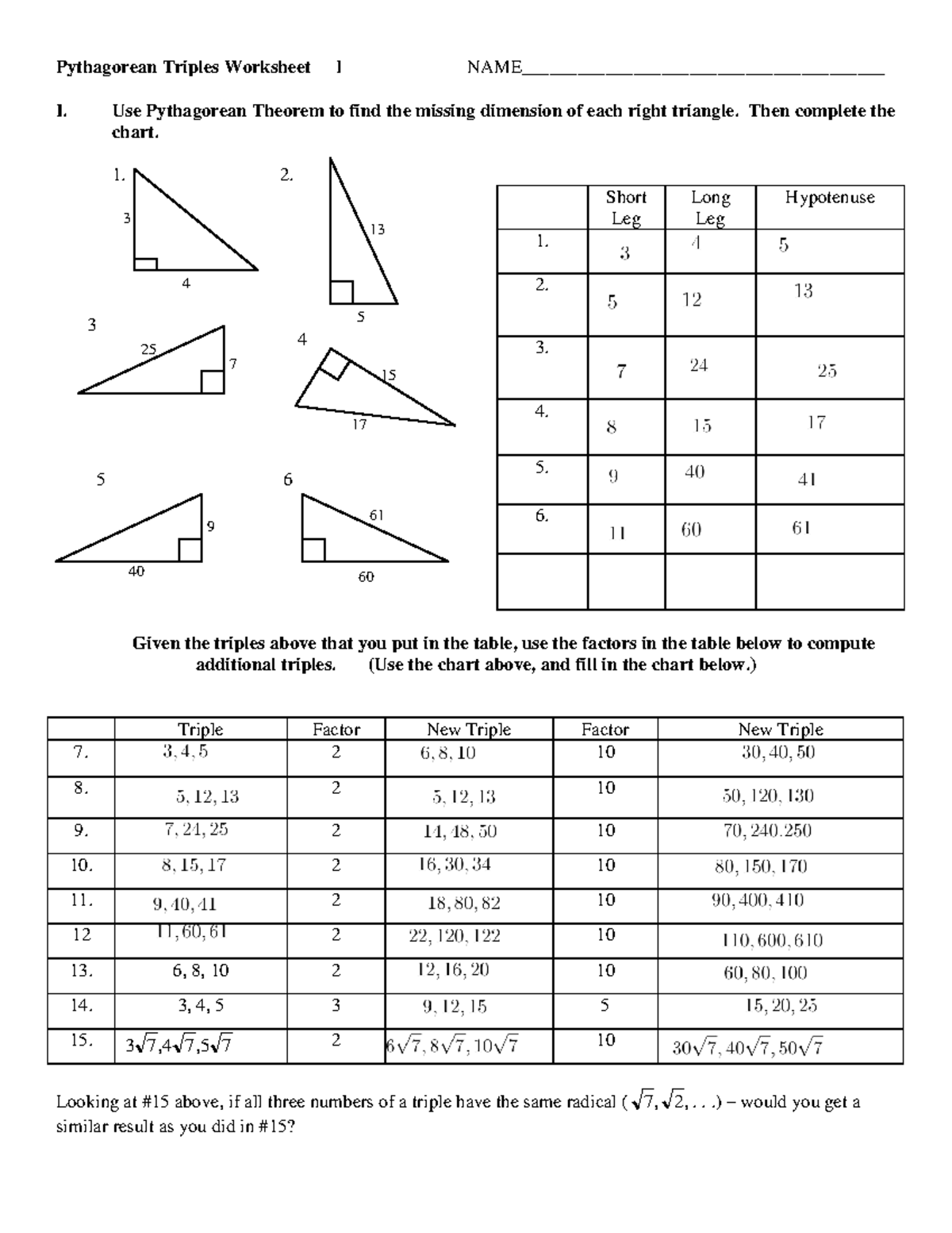 Pythagorean Triples Worksheet I: Finding Missing Dimensions - Studocu