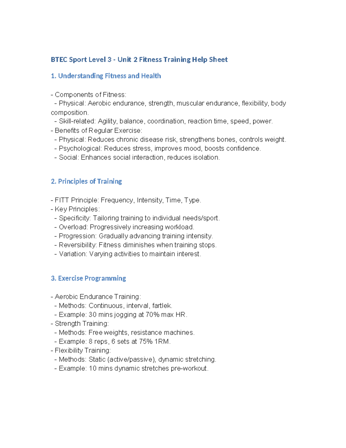 BTEC Sport Level 3 Unit 2 Fitness Training Help Sheet Updated - Studocu