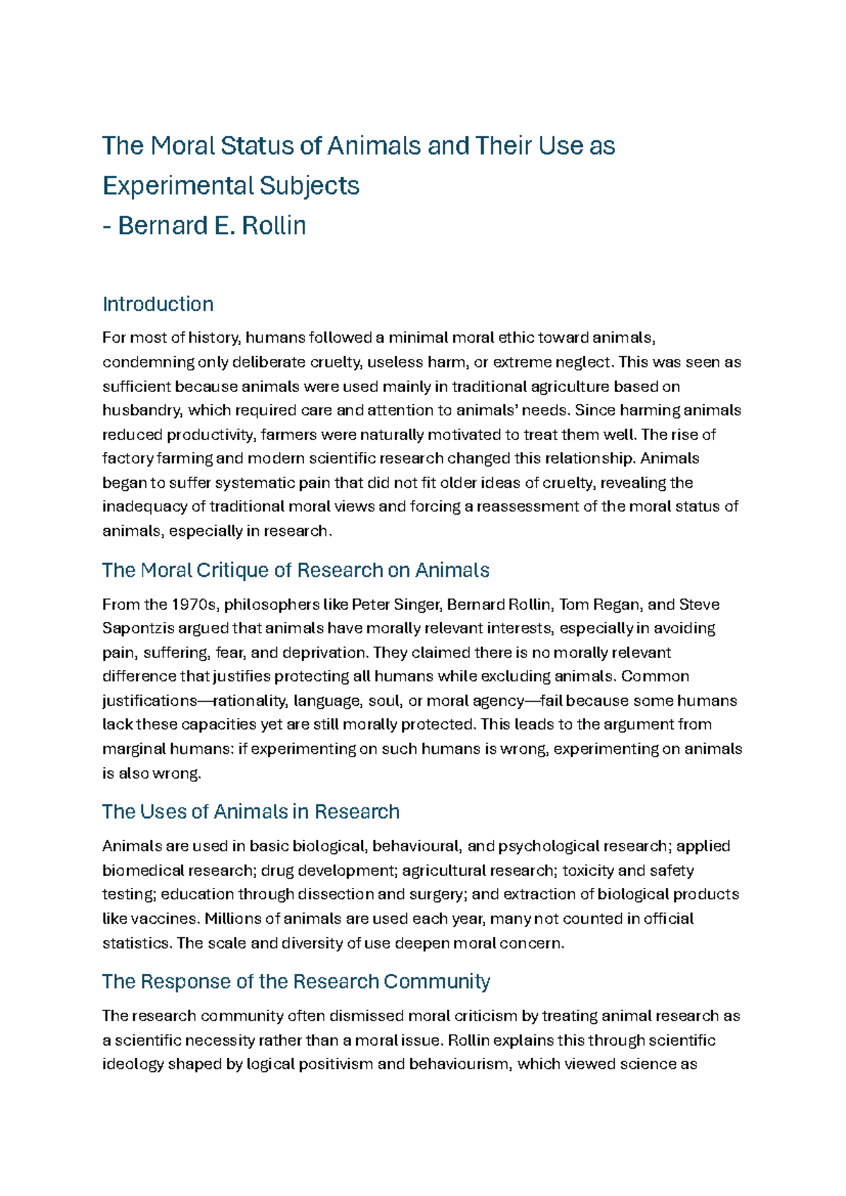 Moral Status of Animals in Research: A Critical Analysis - Studocu