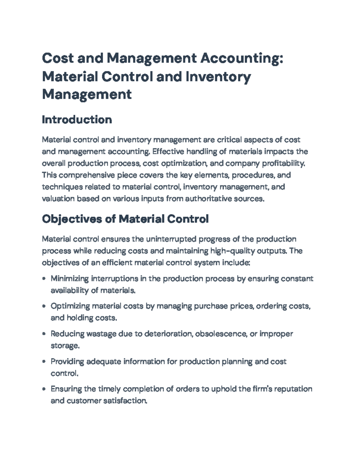 Cost and Management Accounting: Material Control & Inventory Management ...