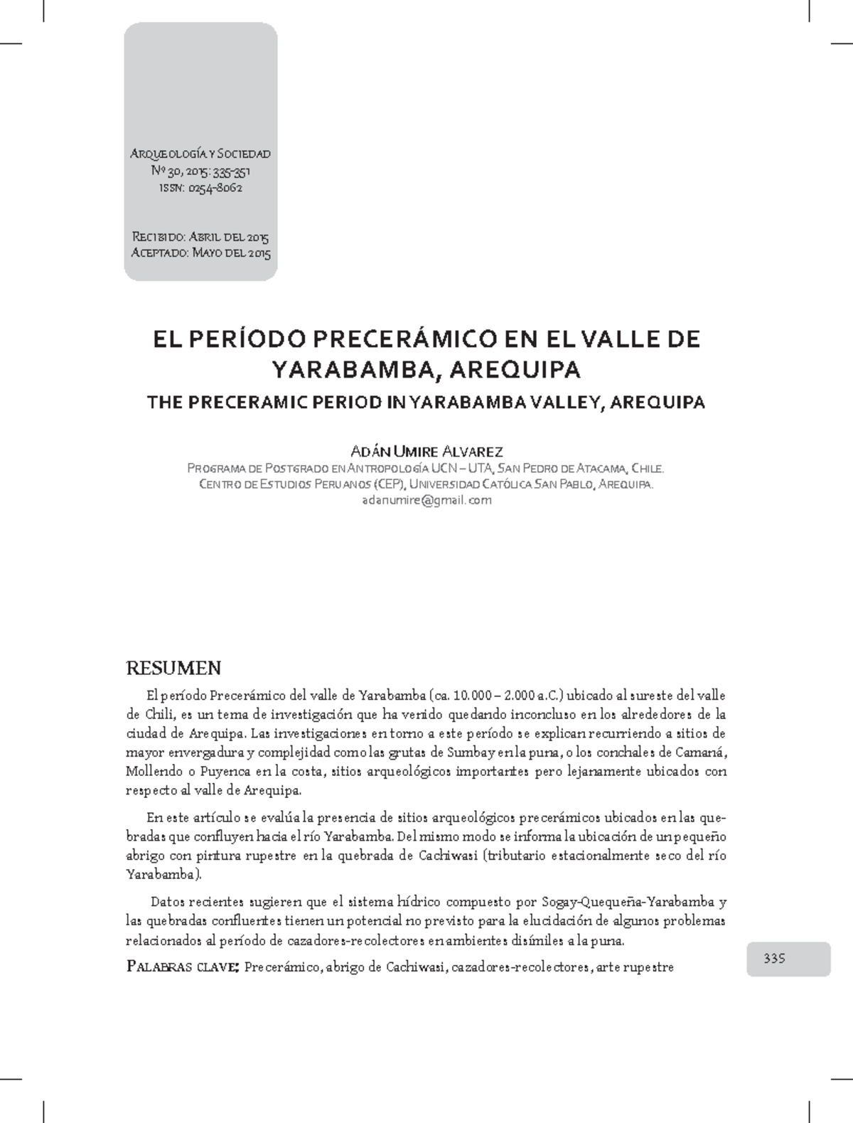 El Período Precerámico y la Arqueología en el Valle de Yarabamba ...