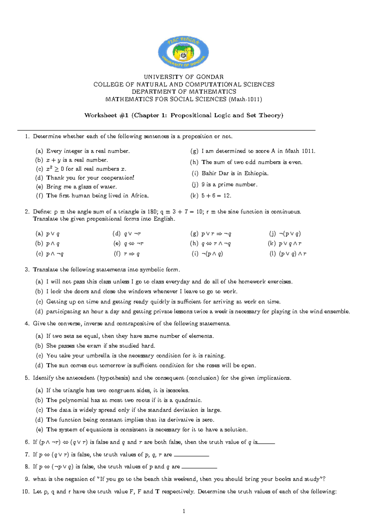 Math-1011: Worksheets 1 & 2 on Propositional Logic and Set Theory - Studocu