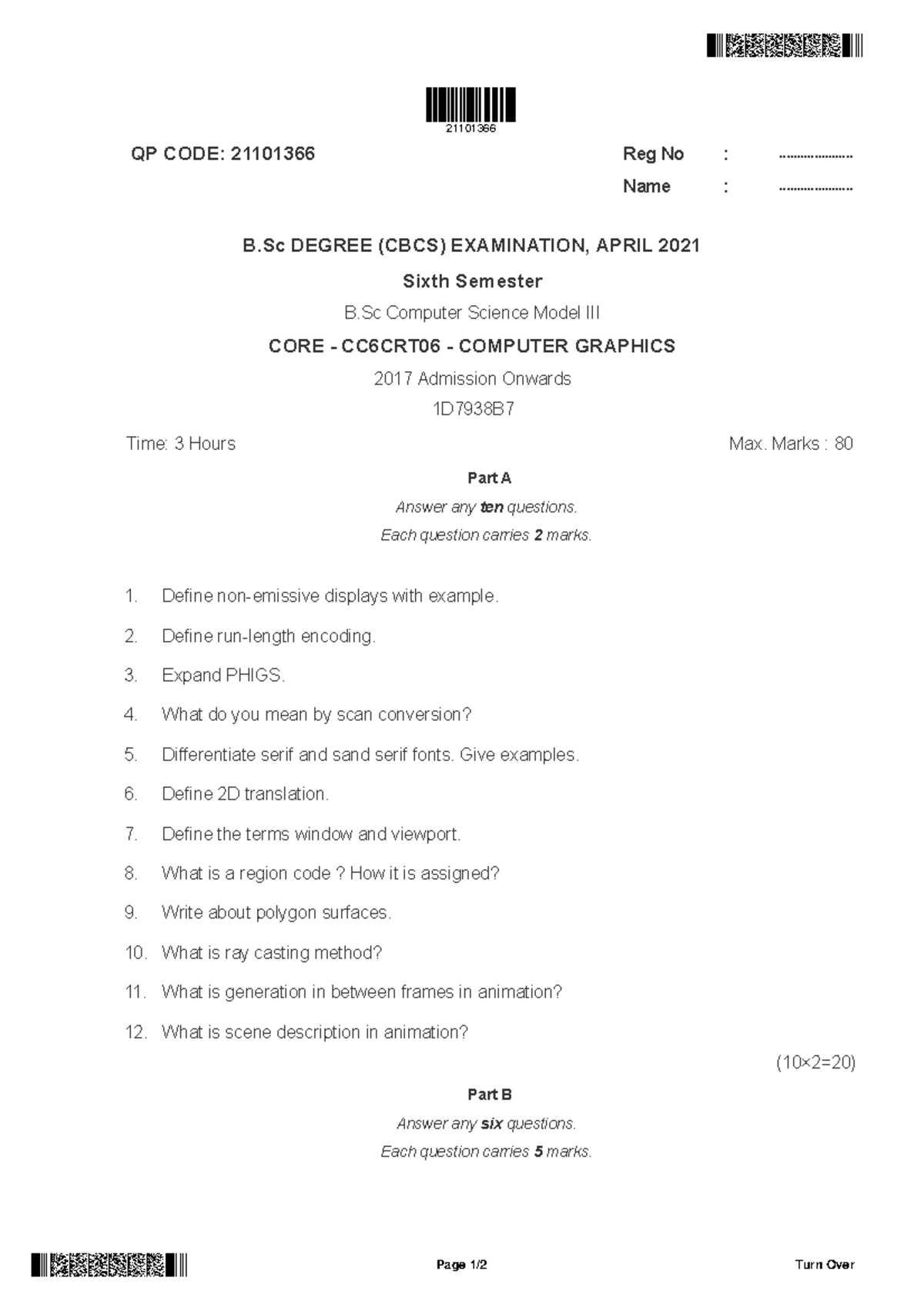 B.Sc Computer Science Core Exam 2021: Computer Graphics QP - 21101366 ...