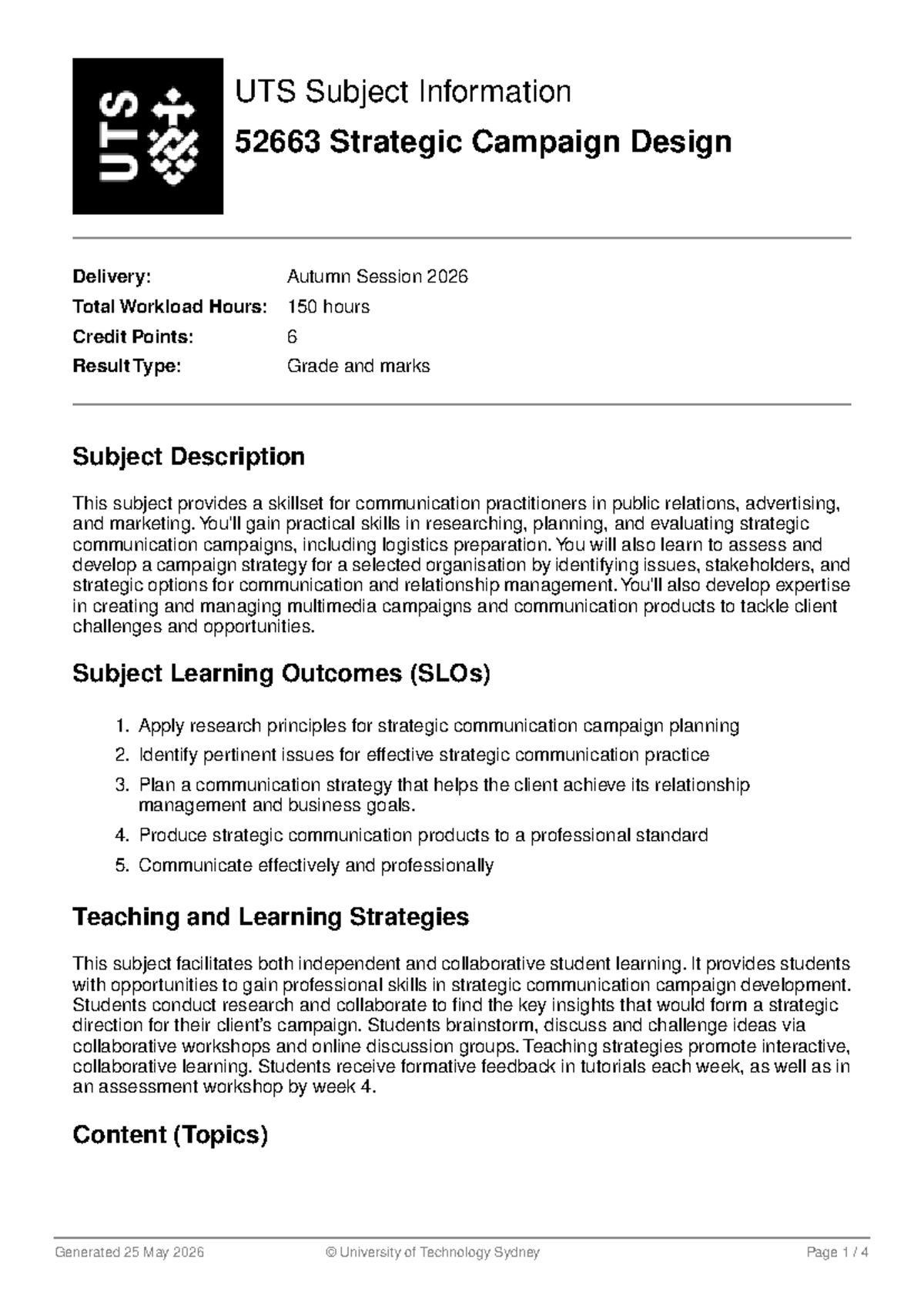 UTS 52663 Strategic Campaign Design: Autumn 2026 Subject Overview - Studocu