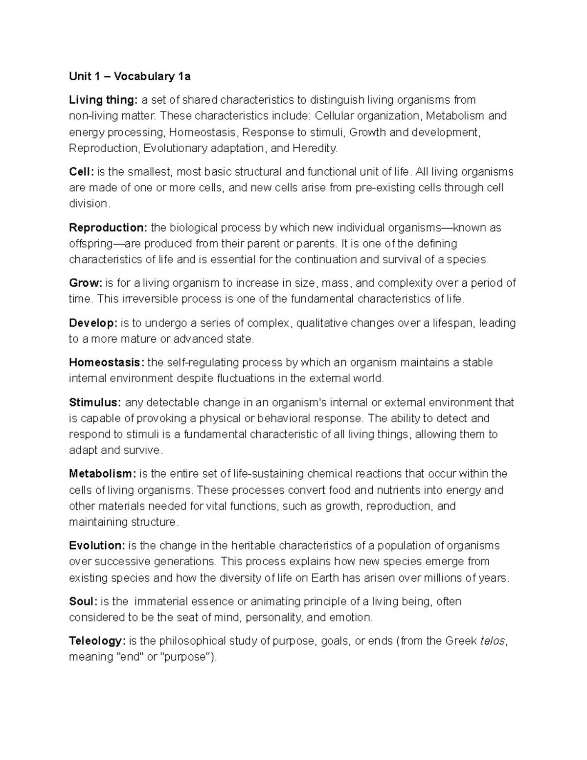 Biology 101 - Unit 1 Chapter 1 Vocabulary Definitions - Studocu