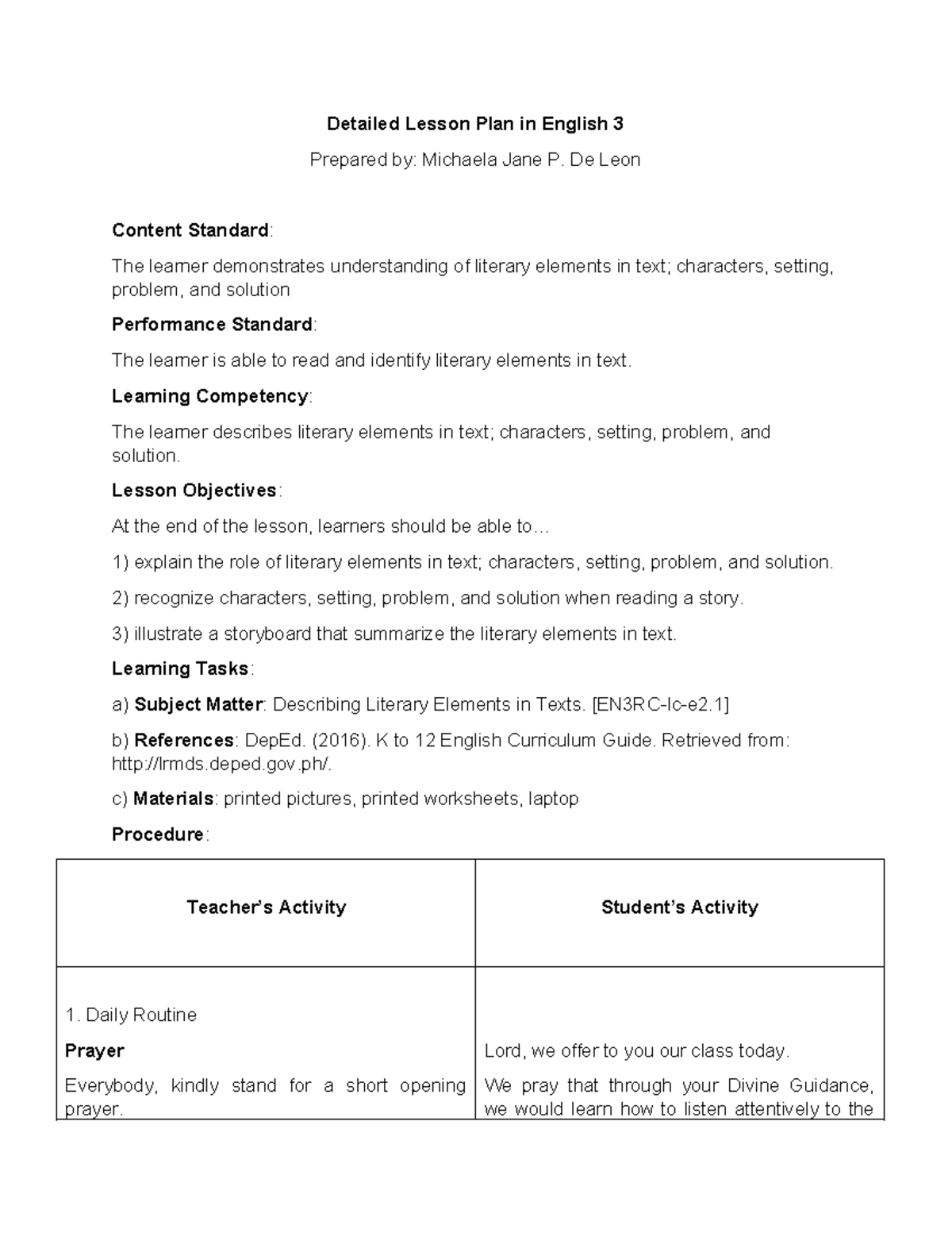 Detailed Lesson Plan: Literary Elements in English 3 [EN3RC-Ic-e2 ...