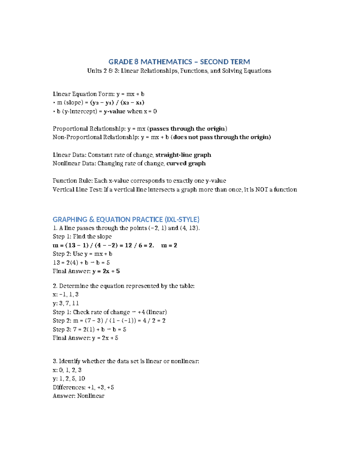 GRADE 8 MATH 2ND TERM: Linear Relationships & Equations Worksheet - Studocu