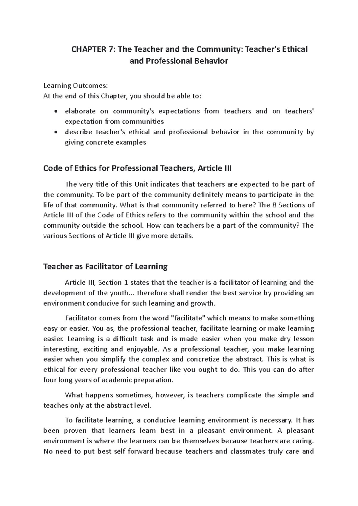 CHAPTER 7: The Teacher and the Community - Ethical & Professional ...