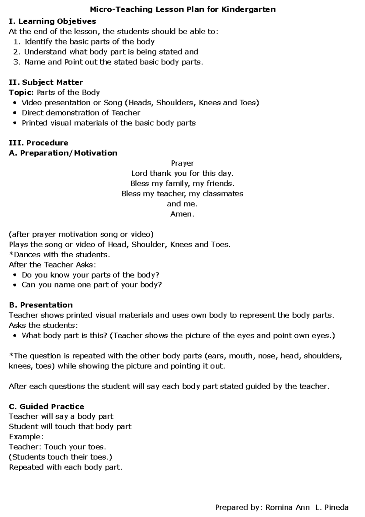 Micro Teaching Lesson Plan: Parts of the Body for KGI - Studocu