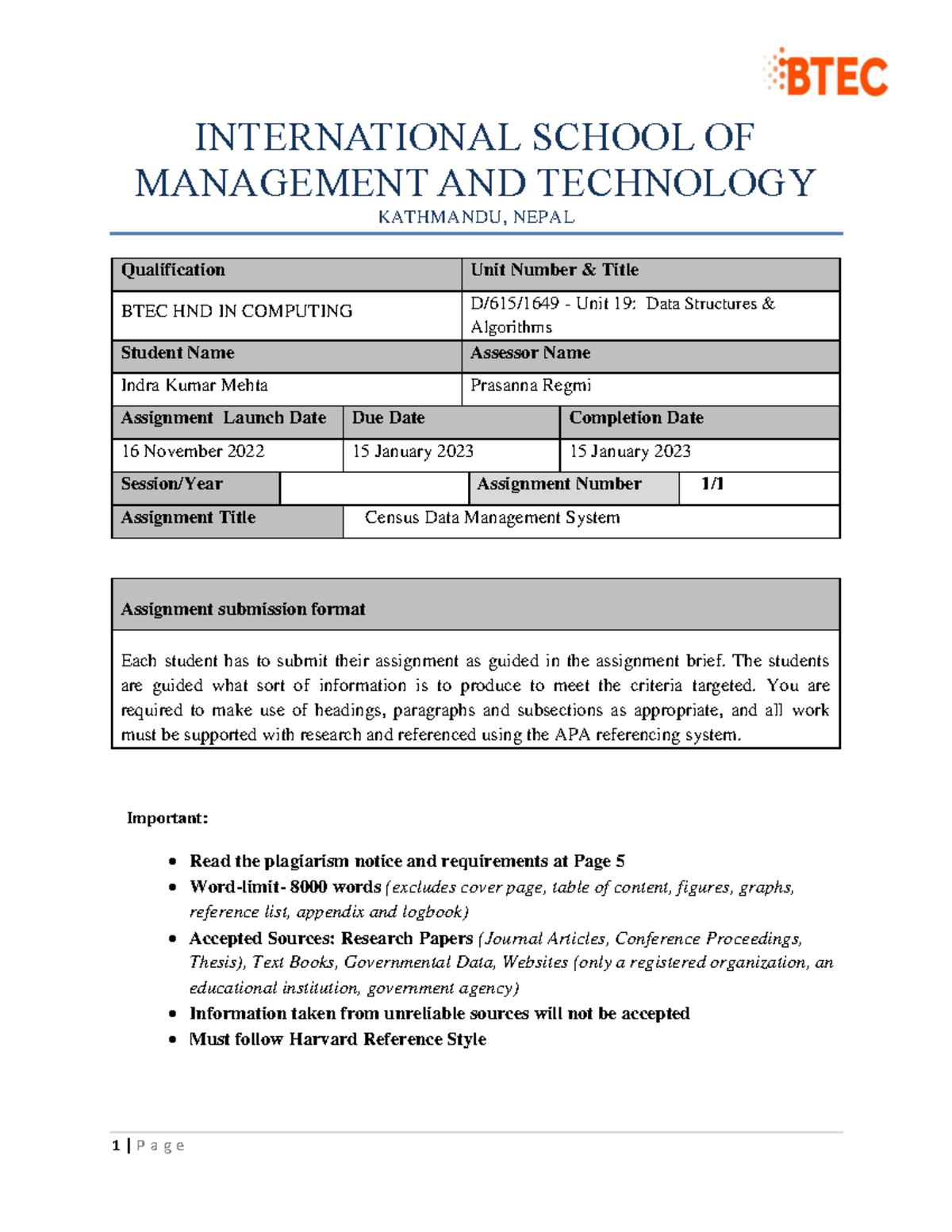 Unit 19 Data Structures & Algorithms: Census Data Management System ...