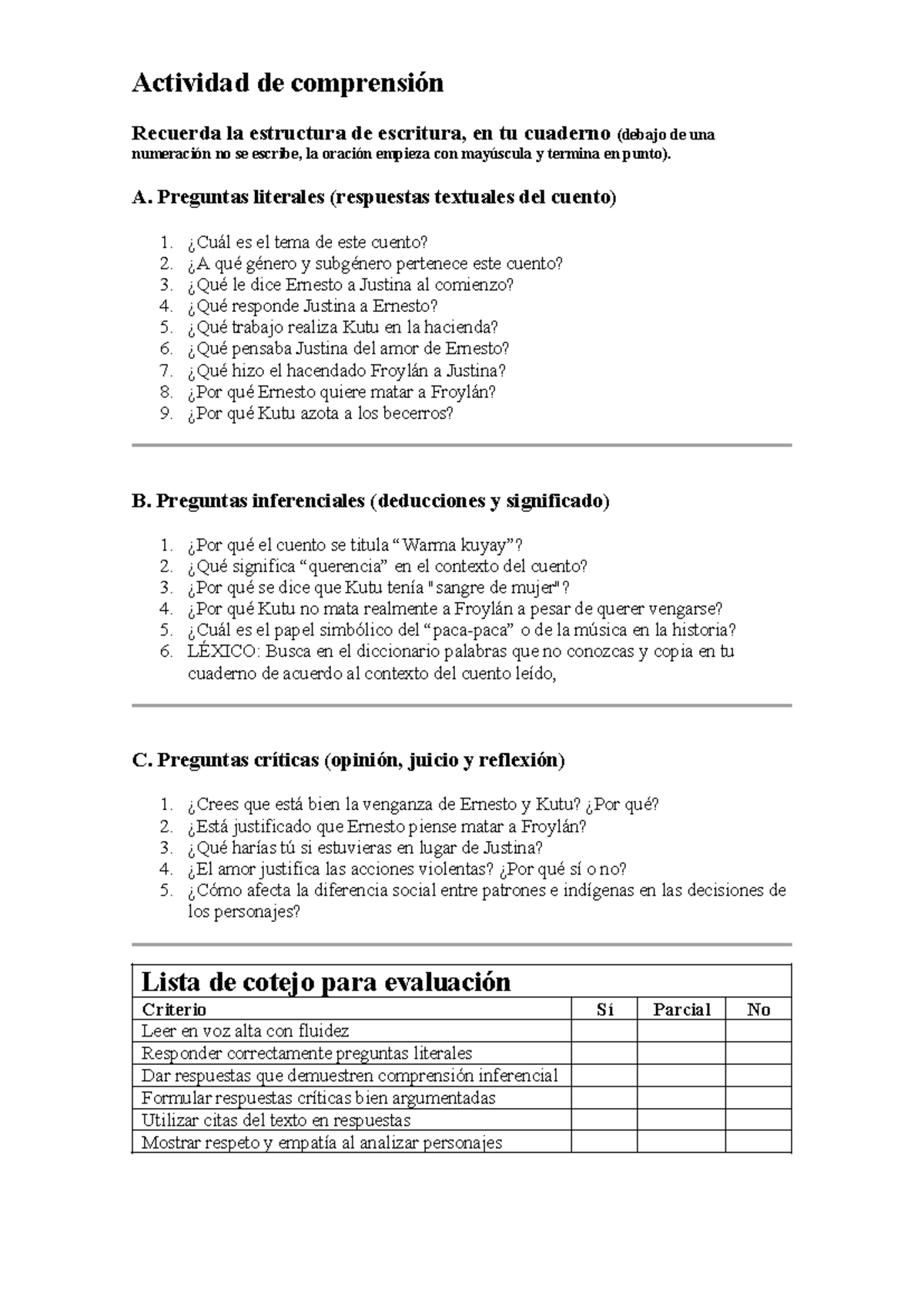 Actividad de Comprensión: Estructura de Escritura y Preguntas sobre el ...