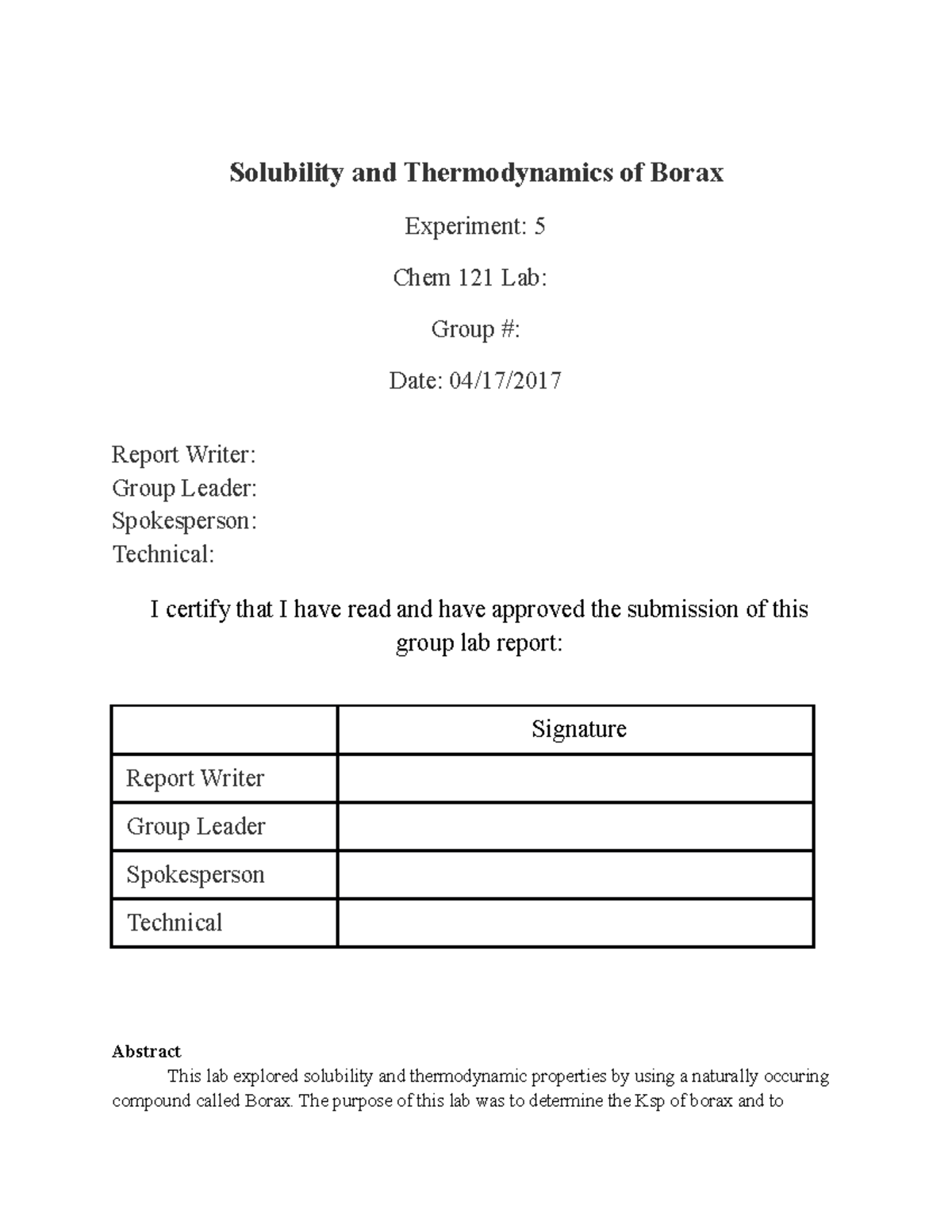 Chemistry Lab Report #5 - Solubility and Thermodynamics of Borax ...