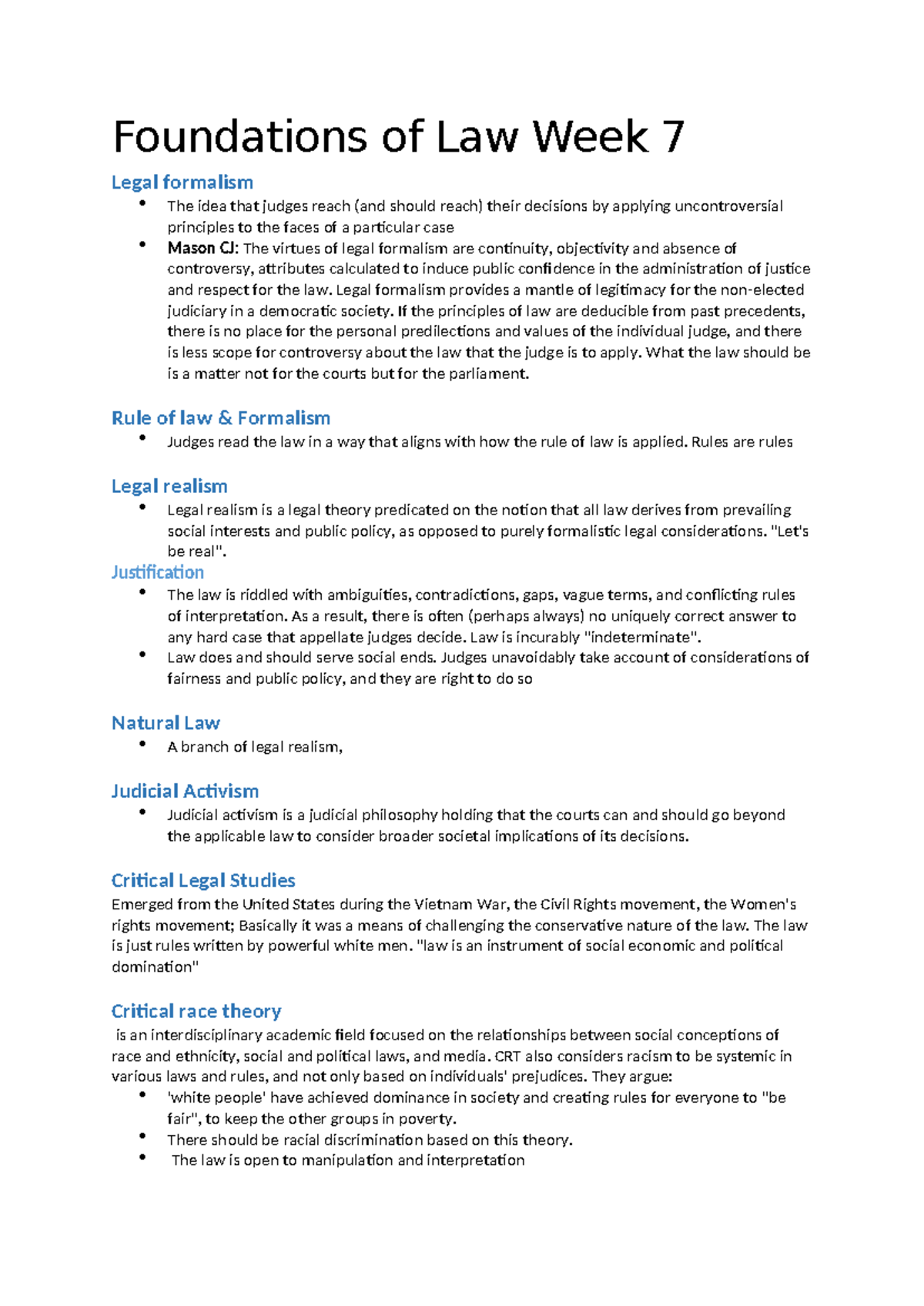 Foundations of Law Wk 7: Legal Formalism vs. Legal Realism Insights ...