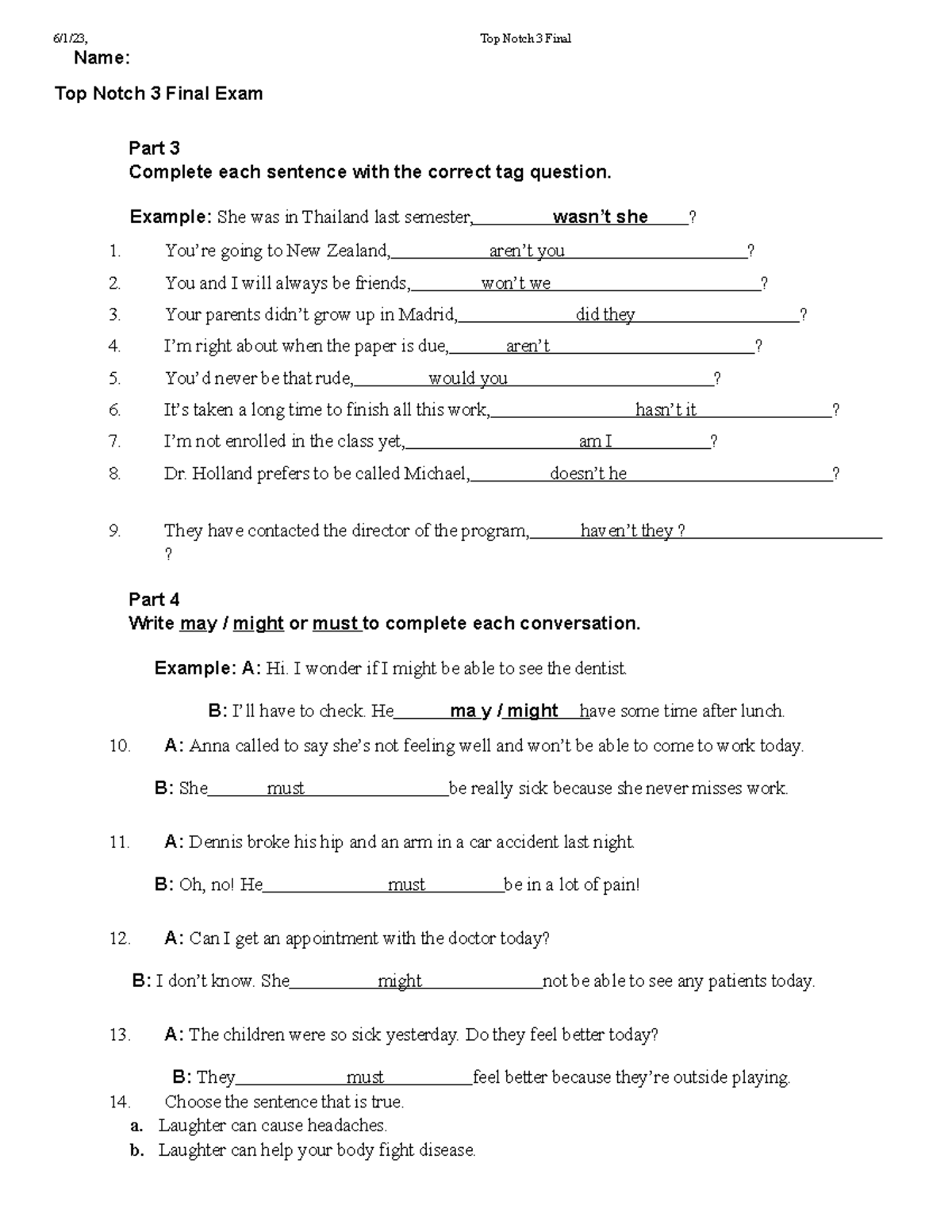 Top Notch 3 Final Exam: Tag Questions and Verb Forms - Studocu