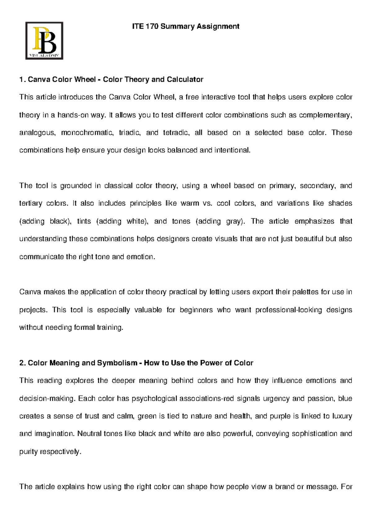 ITE 170 Summary Assignment: Color Theory, Psychology & Design ...