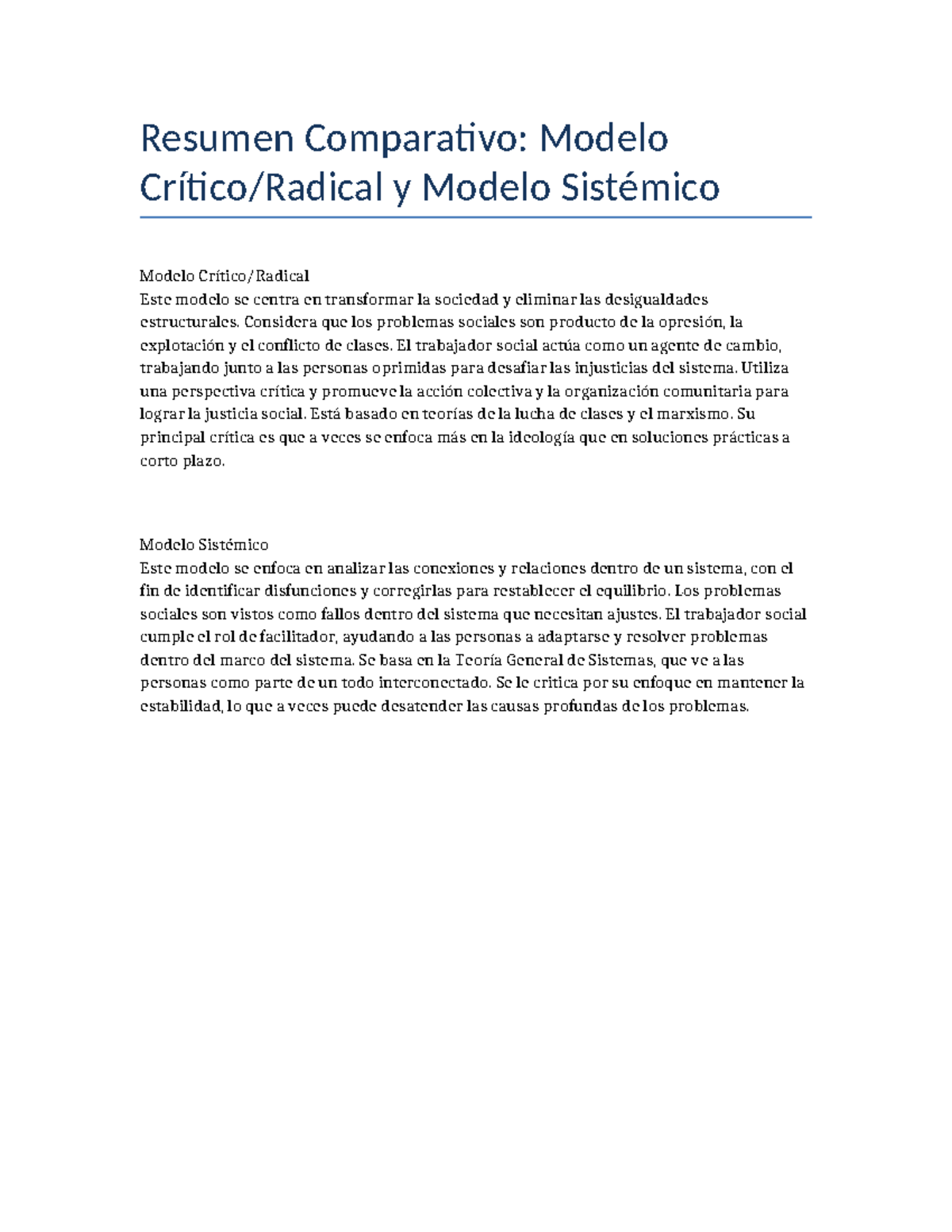 Resumen Comparativo: Modelo Crítico vs. Modelo Sistémico en Asist. Soc. - Studocu
