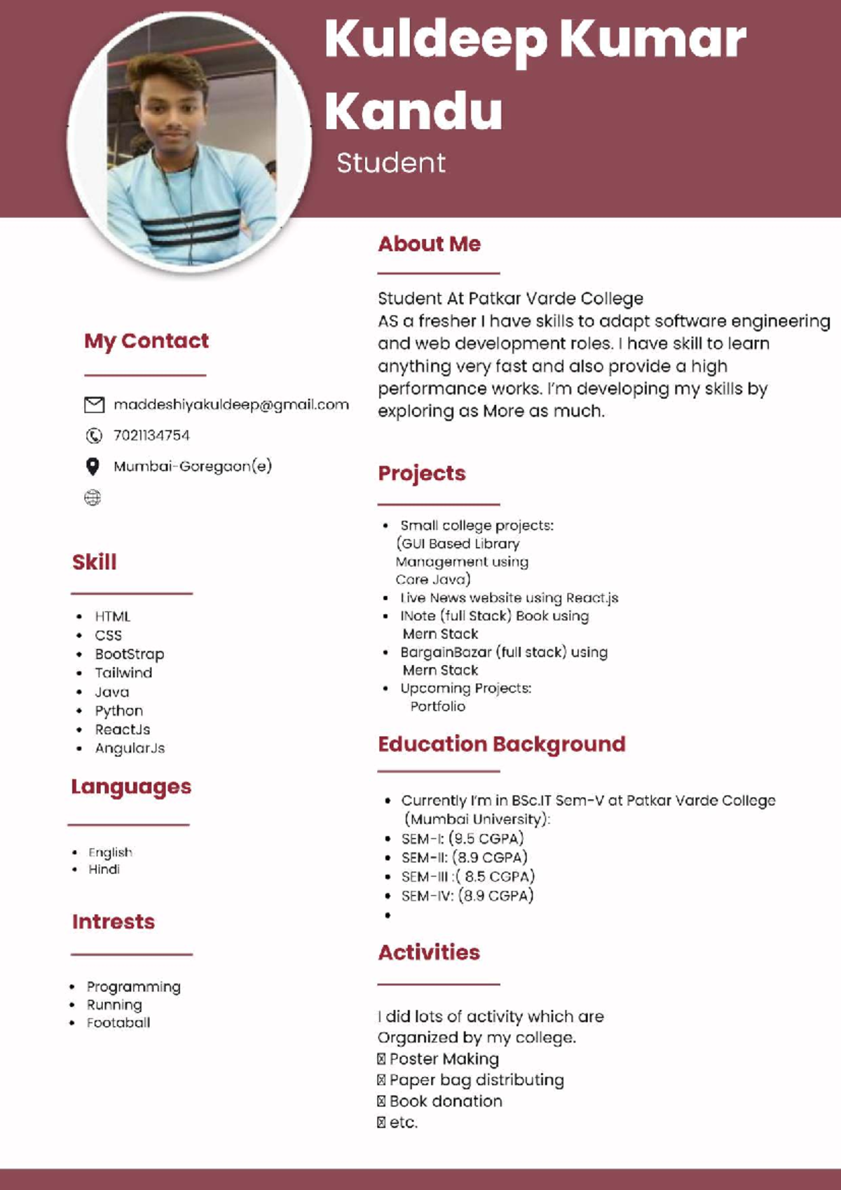 Kuldeep Kumar Kandu - CV for BSc.IT at Patkar Varde College - Studocu