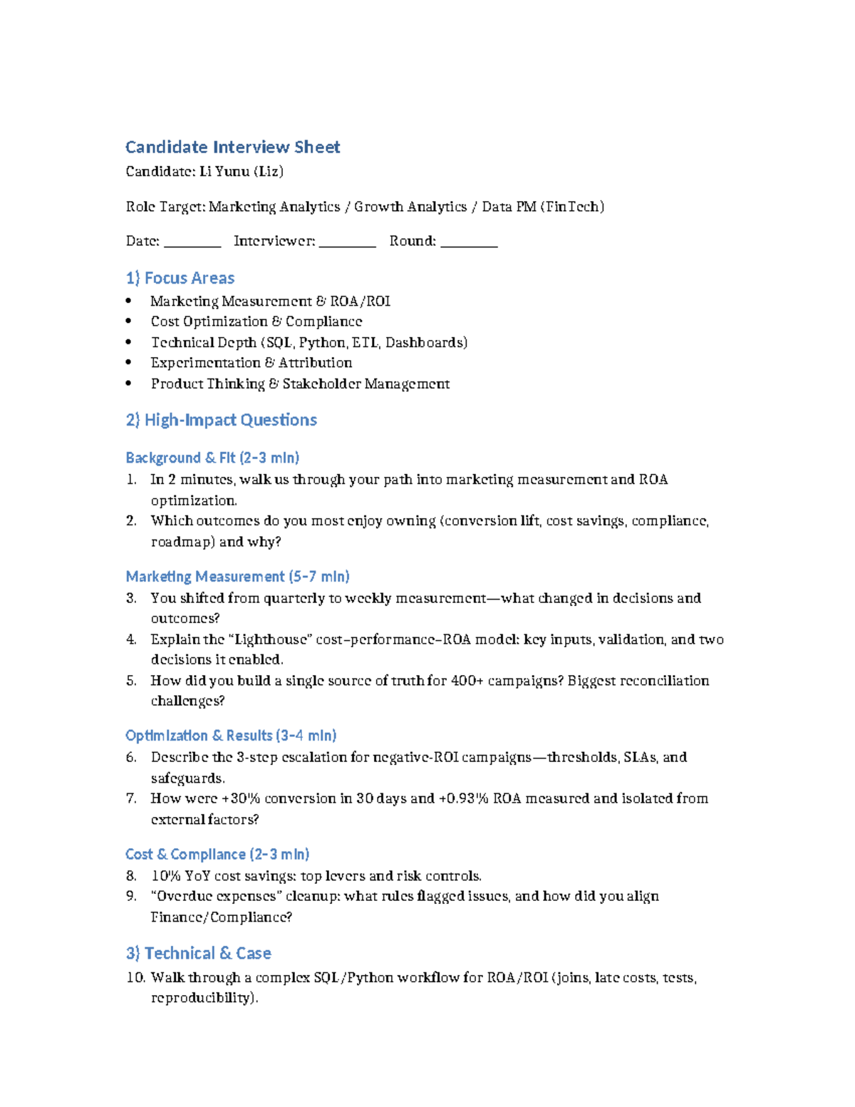 Marketing Analytics Interview Sheet - Li Yunu (FinTech) - Studocu