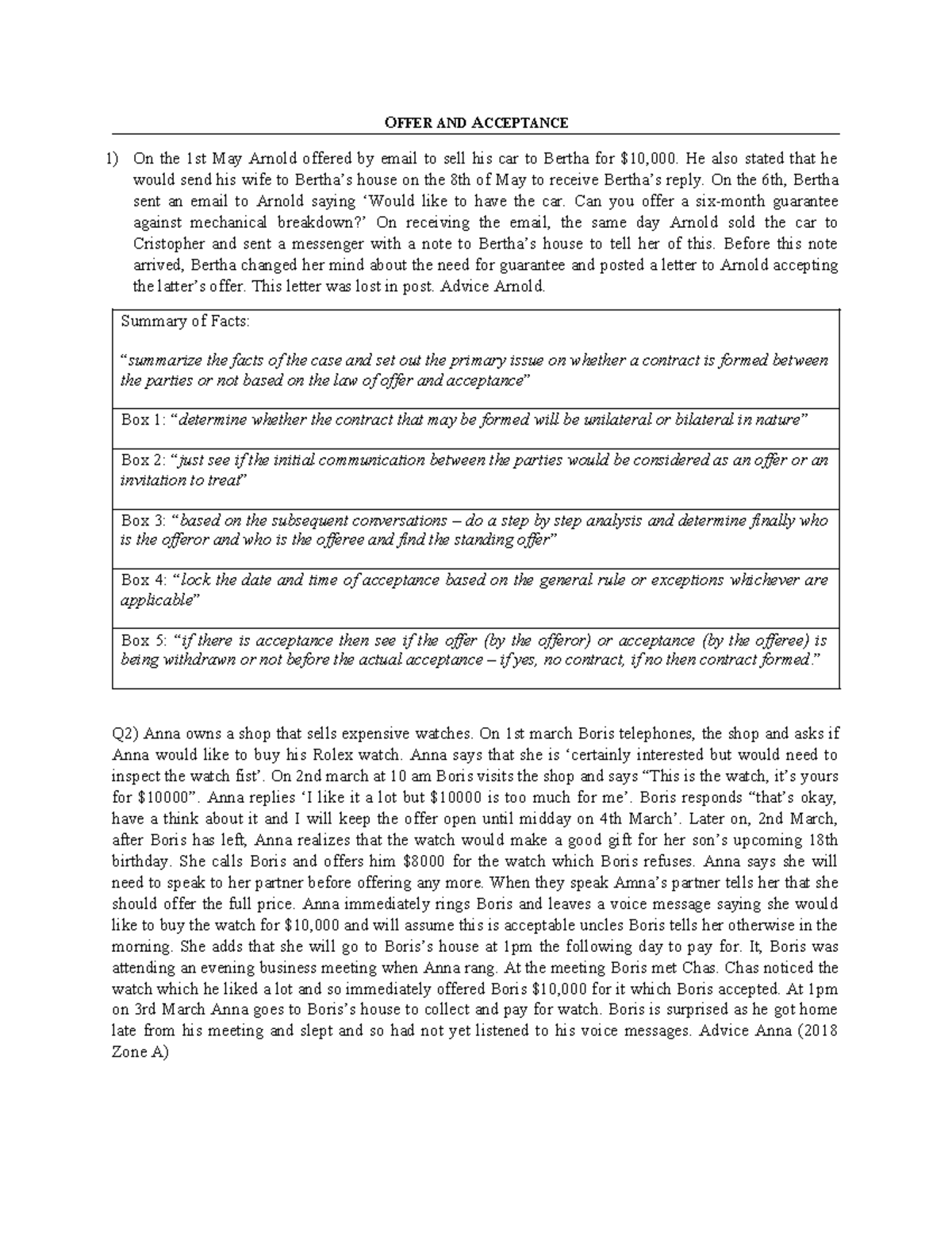 OFFER AND ACCEPTANCE ANALYSIS: CONTRACT FORMATION ISSUES (LAW101) - Studocu