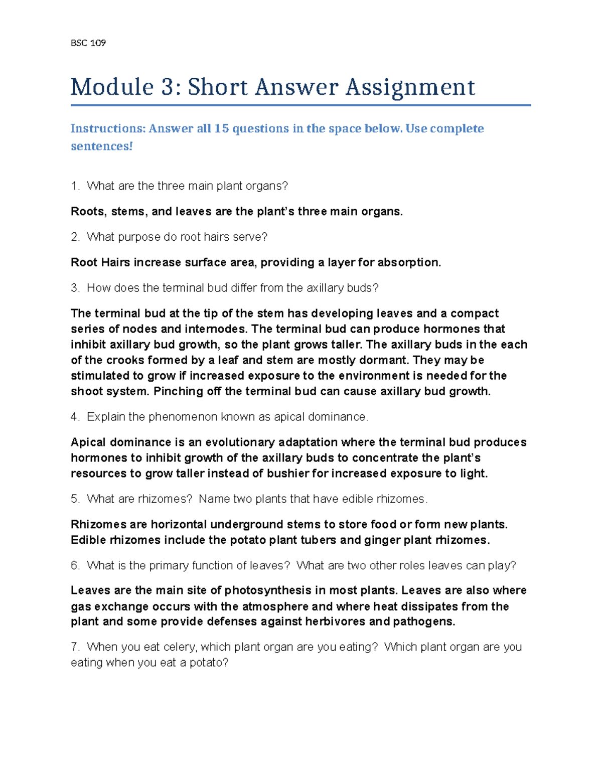 BSC 109 Module 3: Short Answer Assignment Overview and Instructions ...