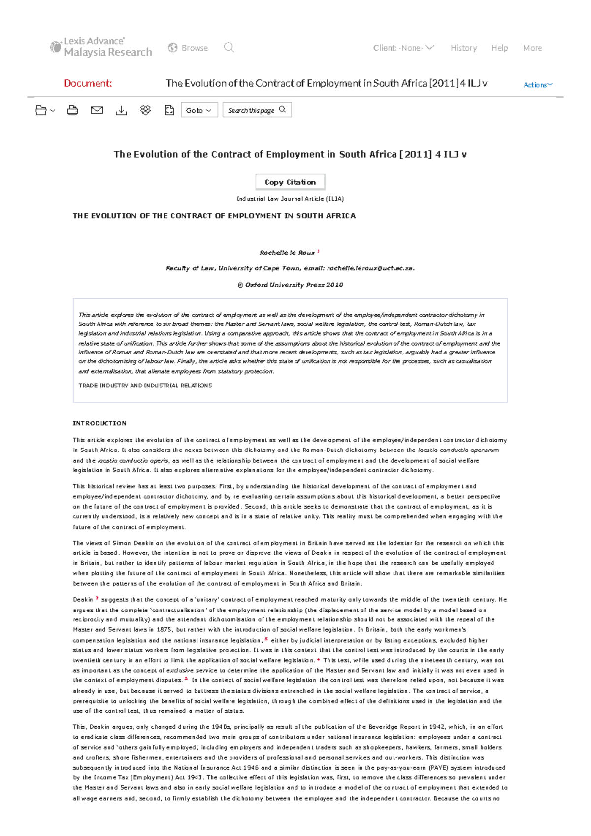 The Evolution of the Contract of Employment in South Africa: A ...