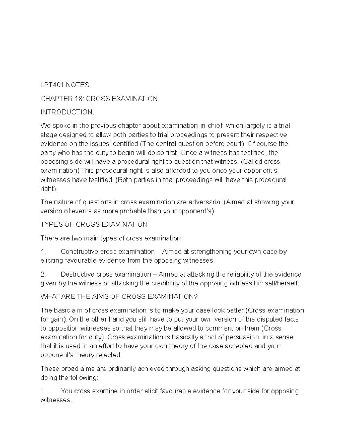 LPT401 NOTES: CHAPTER 18 - CROSS EXAMINATION STRATEGIES - Studocu