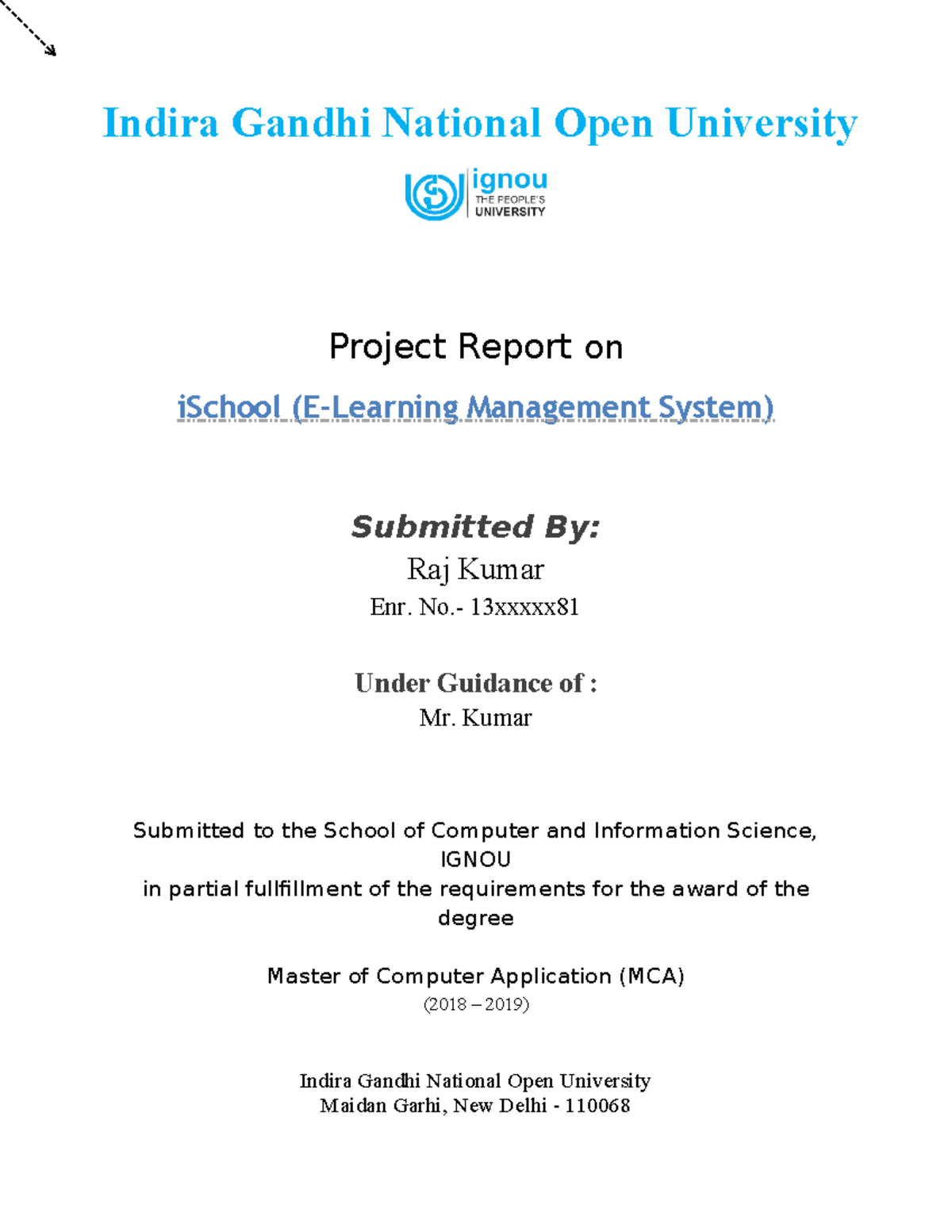 MCA Project Report on iSchool E-Learning Management System - Studocu