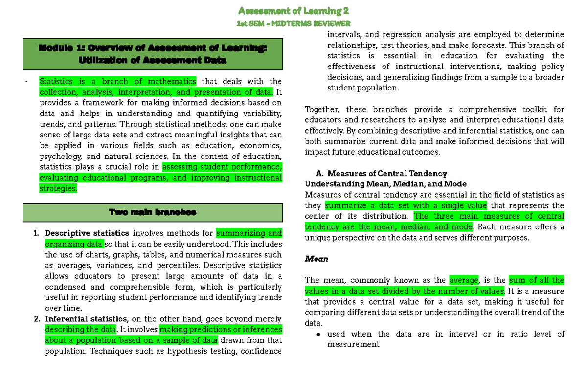 AOL2- Reviewer- Midterms - Assessment of Learning 2 1 st SEM - MIDTERMS ...