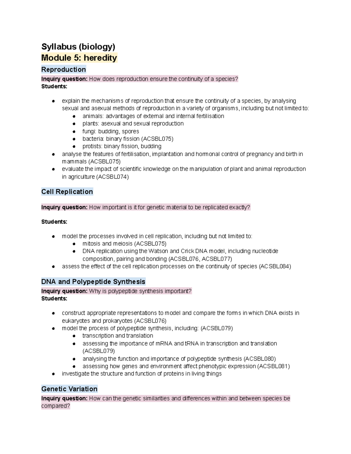 Biology Syllabus: Module 5 & 6 - Heredity, Reproduction, and Disease ...