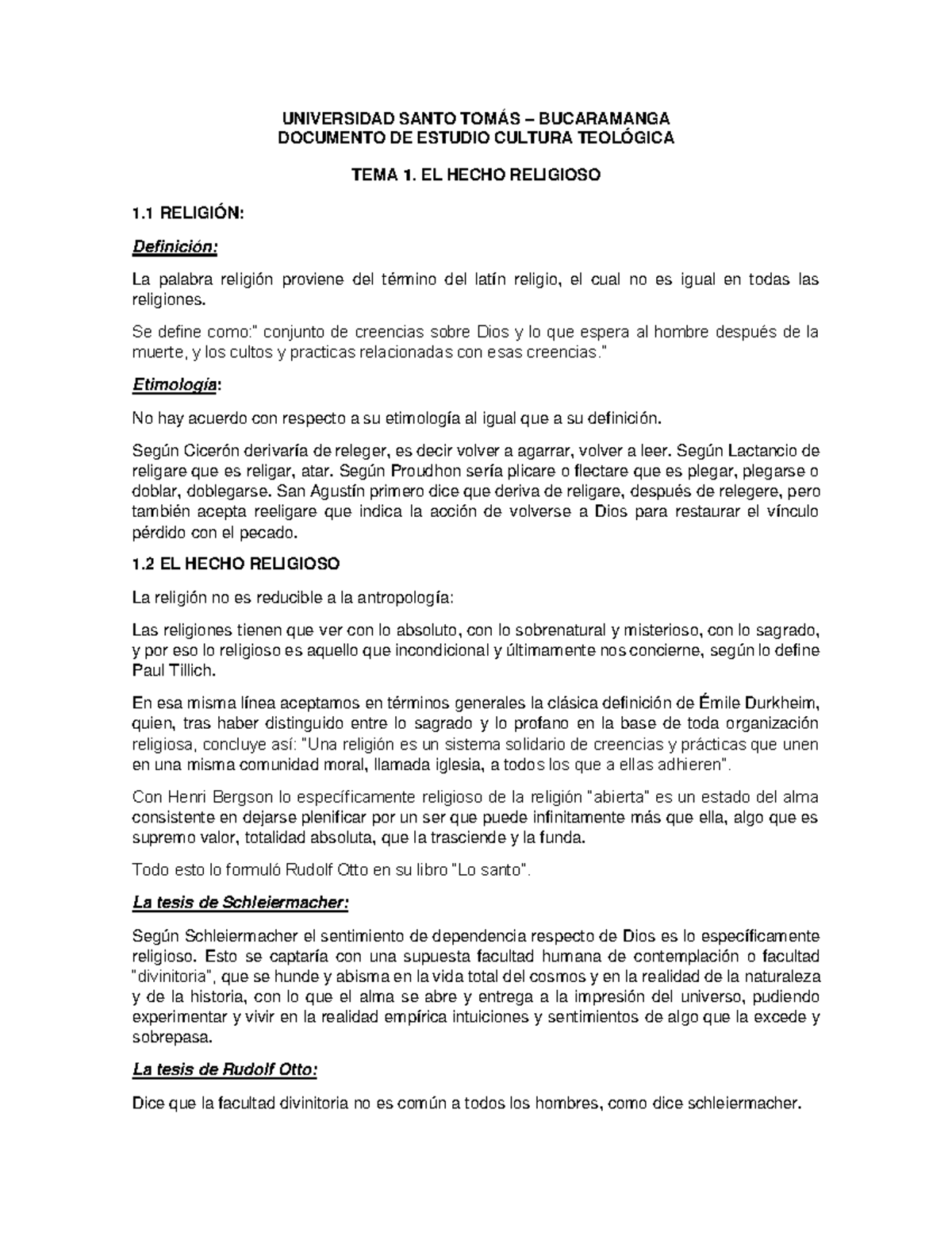 Cultura Teológica - TEMA 1: El Hecho Religioso y su Definición - Studocu