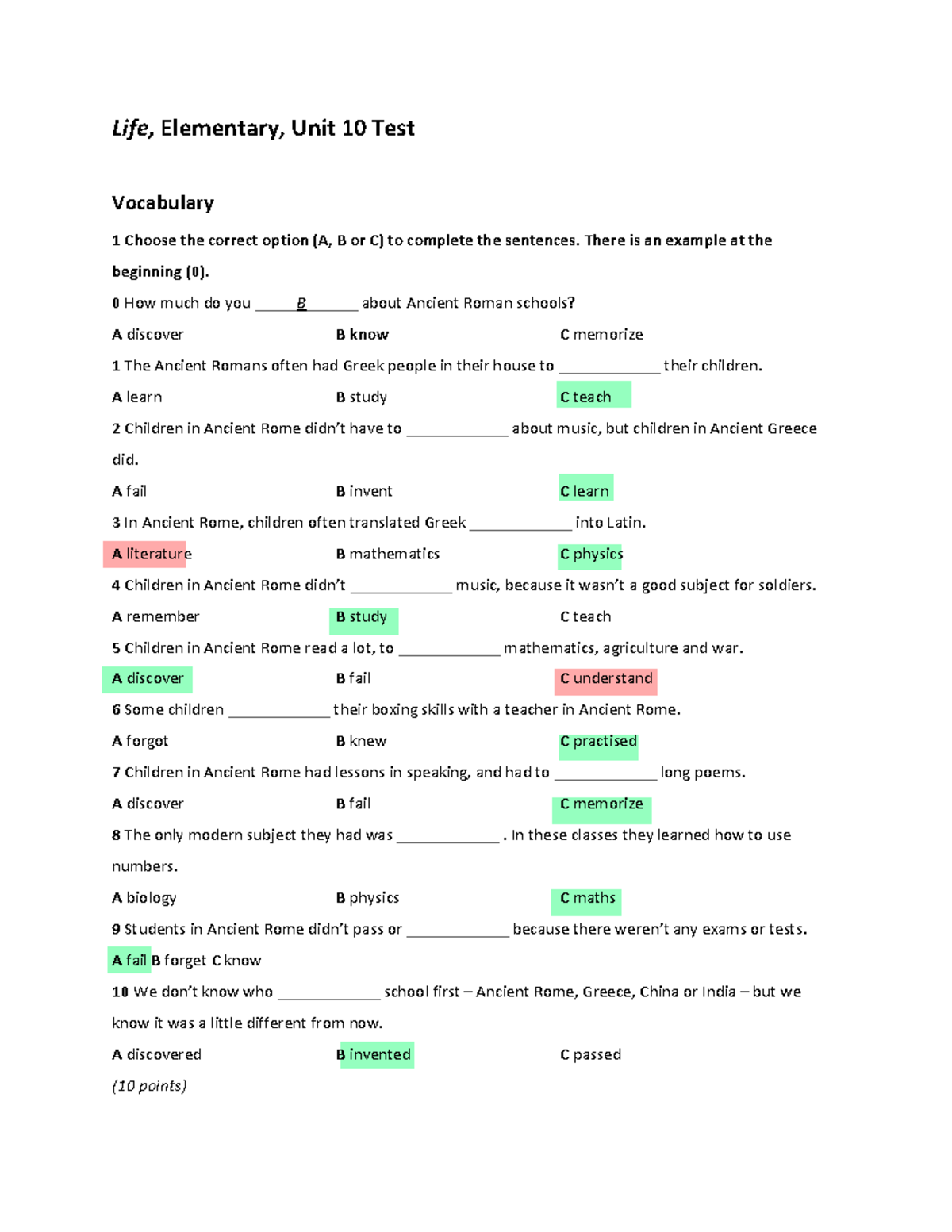 Life 2e Elementary Unit 10 Test Vocabulary and Grammar Review - Studocu