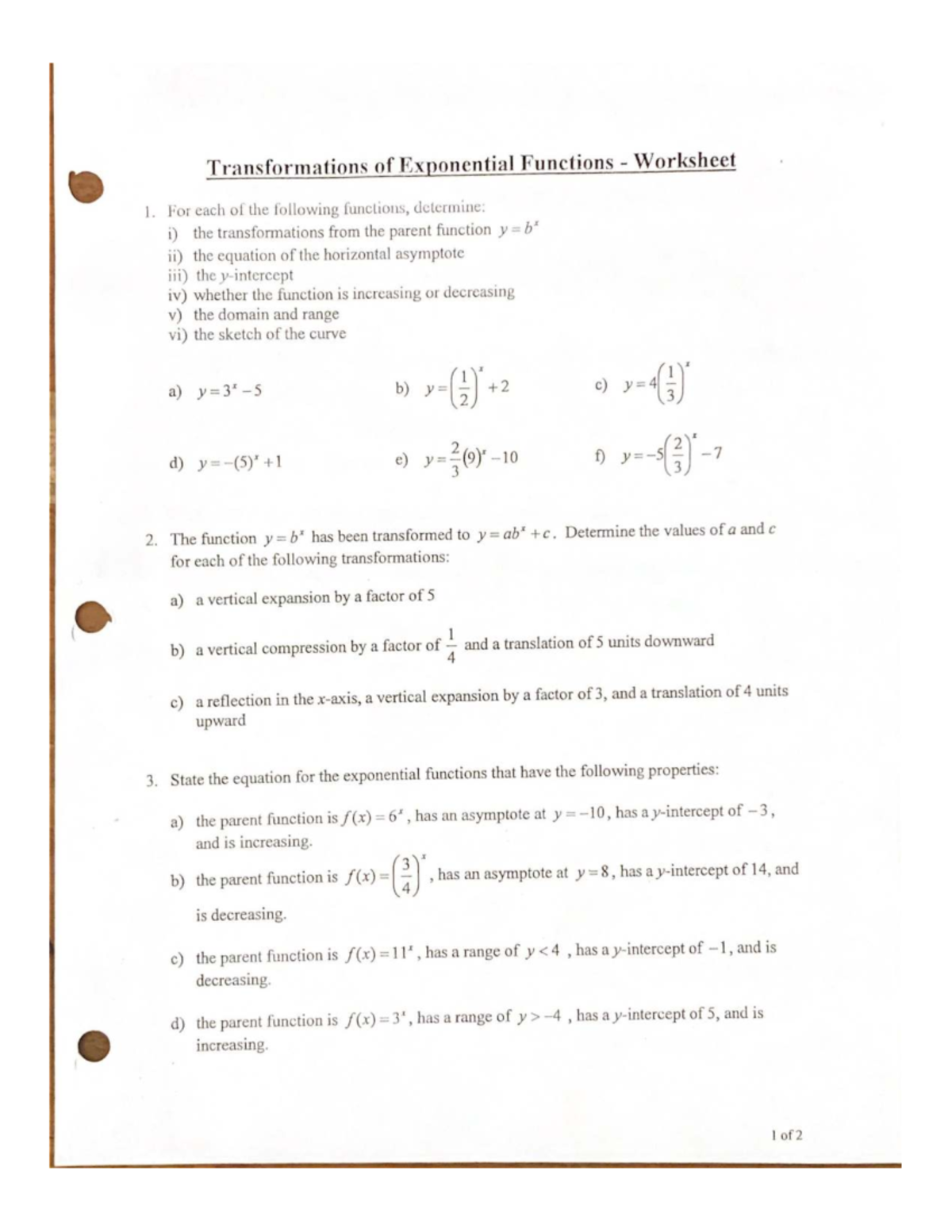 Transformations of Exponential Functions - Worksheet 1 - Studocu