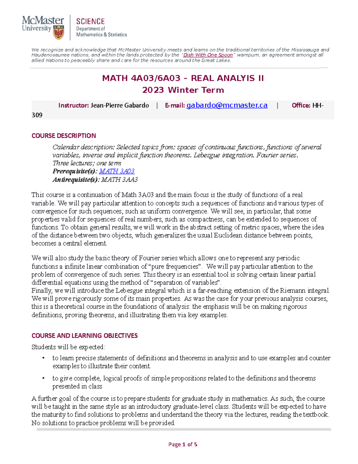 MATH-4A03 - Real Analysis II Course Overview & Learning Goals - Studocu