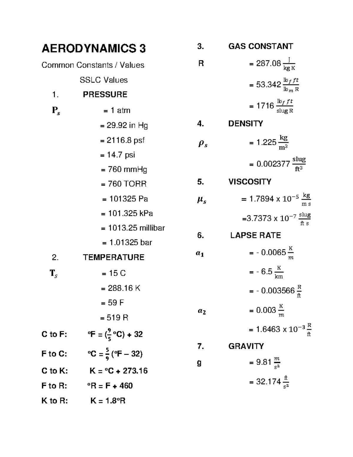 Aerodynamics 3 Prelim Constants and Formulas Guide - Studocu