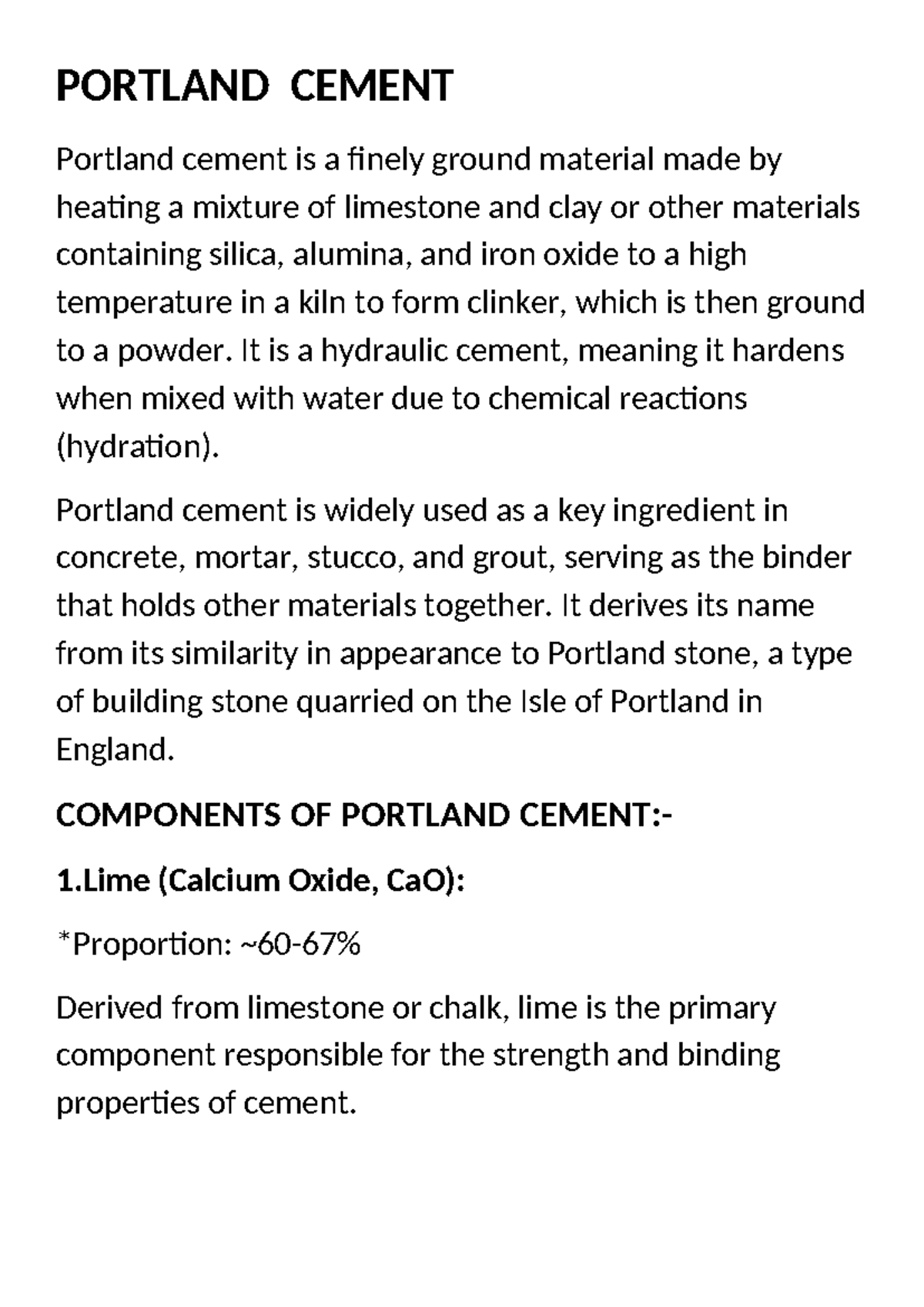 Portland Cement - hand made notes - PORTLAND CEMENT Portland cement is ...