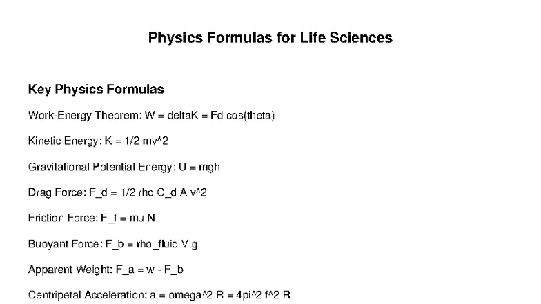 Physics Life Sciences Formulas: Key Equations & Theorems - Studeersnel