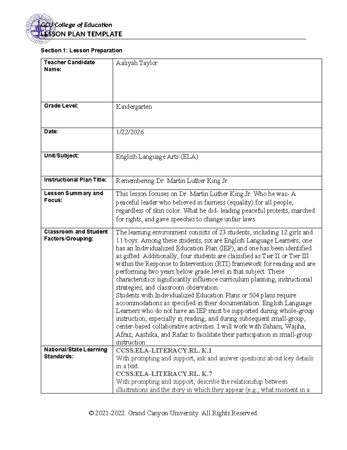 ECE 522 Lesson Plan: Remembering Dr. Martin Luther King Jr. - Studocu