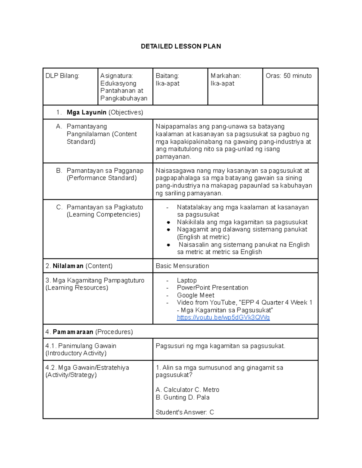 Lesson PLAN - Naipapamalas ang pang-unawa sa batayang kaalaman at ...