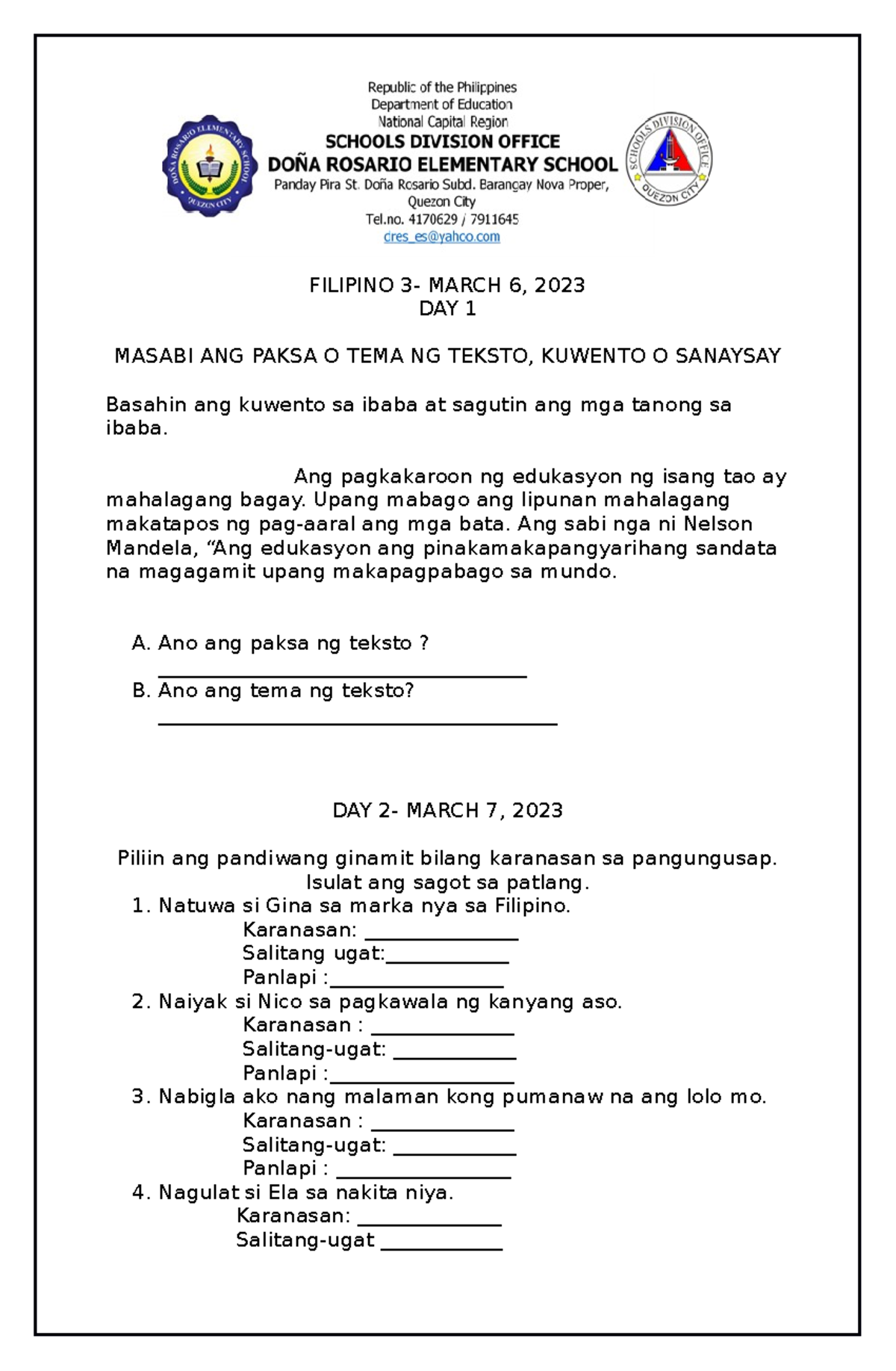 Activity Sheets IN Filipino- Asynchronous - FILIPINO 3- MARCH 6, 2023 ...