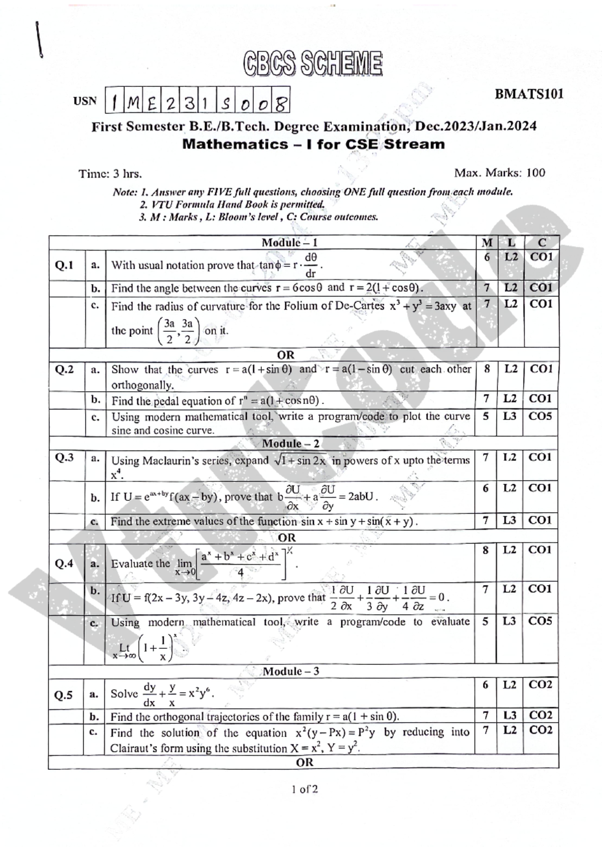 BMATS101 - Final Exam Mathematics I CSE Stream Solutions - Studocu