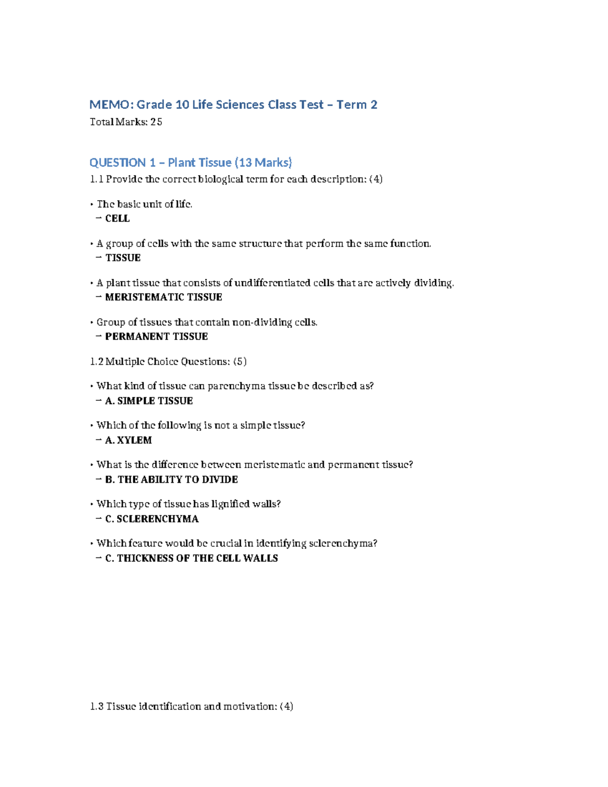 Grade 10 Life Sciences Class Test Memo: Plant & Animal Tissues - Studocu
