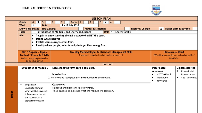 NST Grade 4 Term 3 Week 1 Lesson Plan: Energy & Change - Studocu