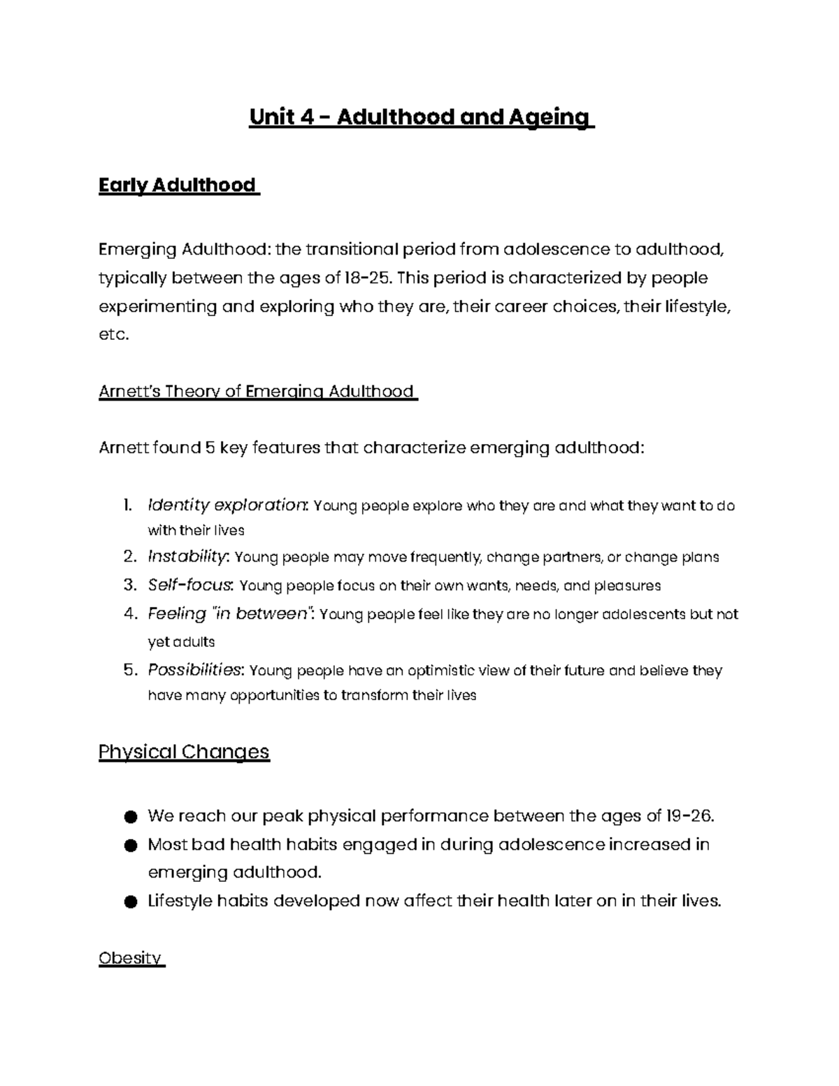 Unit 4 Notes - Adulthood & Ageing in Developmental Psychology - Studocu
