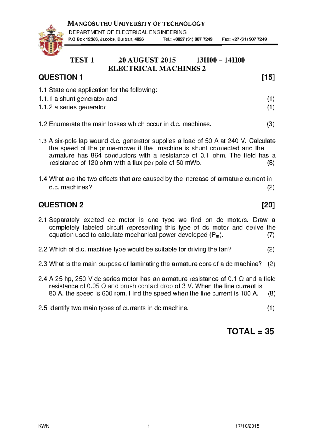 Test 1 2015: Electrical Machines 2 (EM2) & 3 (EM3) Exam - Studocu