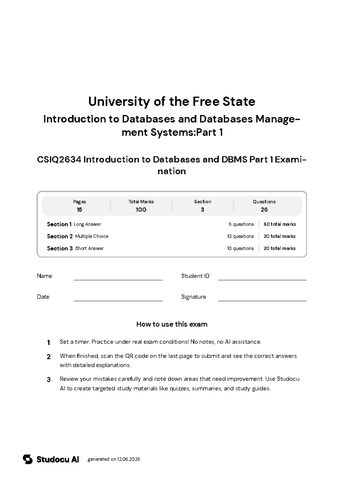 CSIQ2634 Final Exam: Introduction to Databases and DBMS Part 1 - Studocu