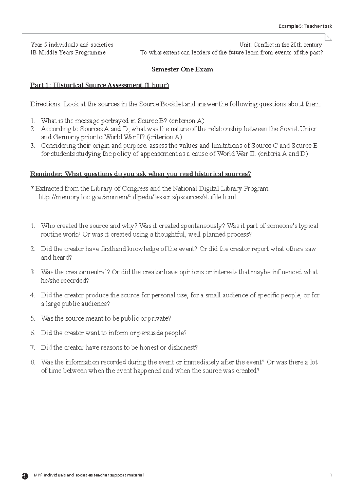 MYP Humanities Year 5 Exam: Conflict in the 20th Century Assessment ...