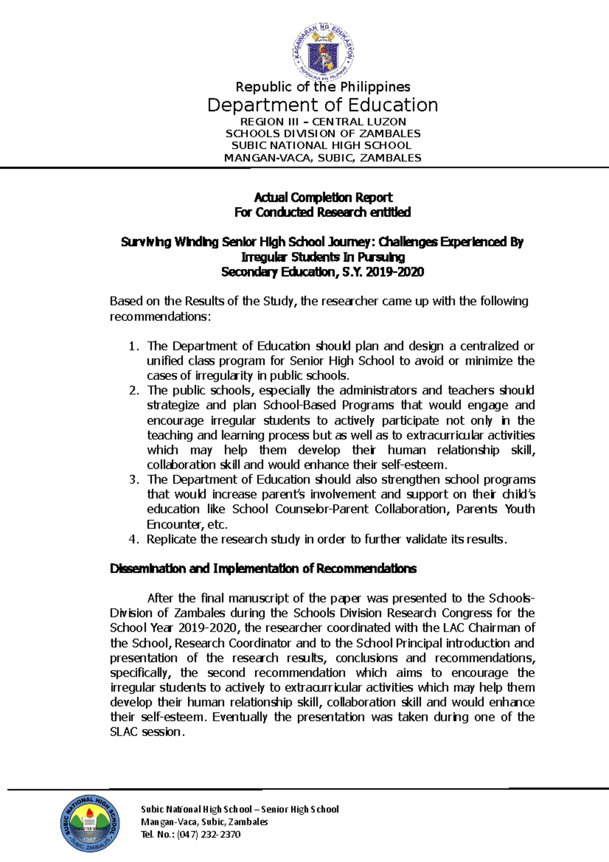 ACR Narrative Report on Senior High School Challenges for SY 2019-2020 ...