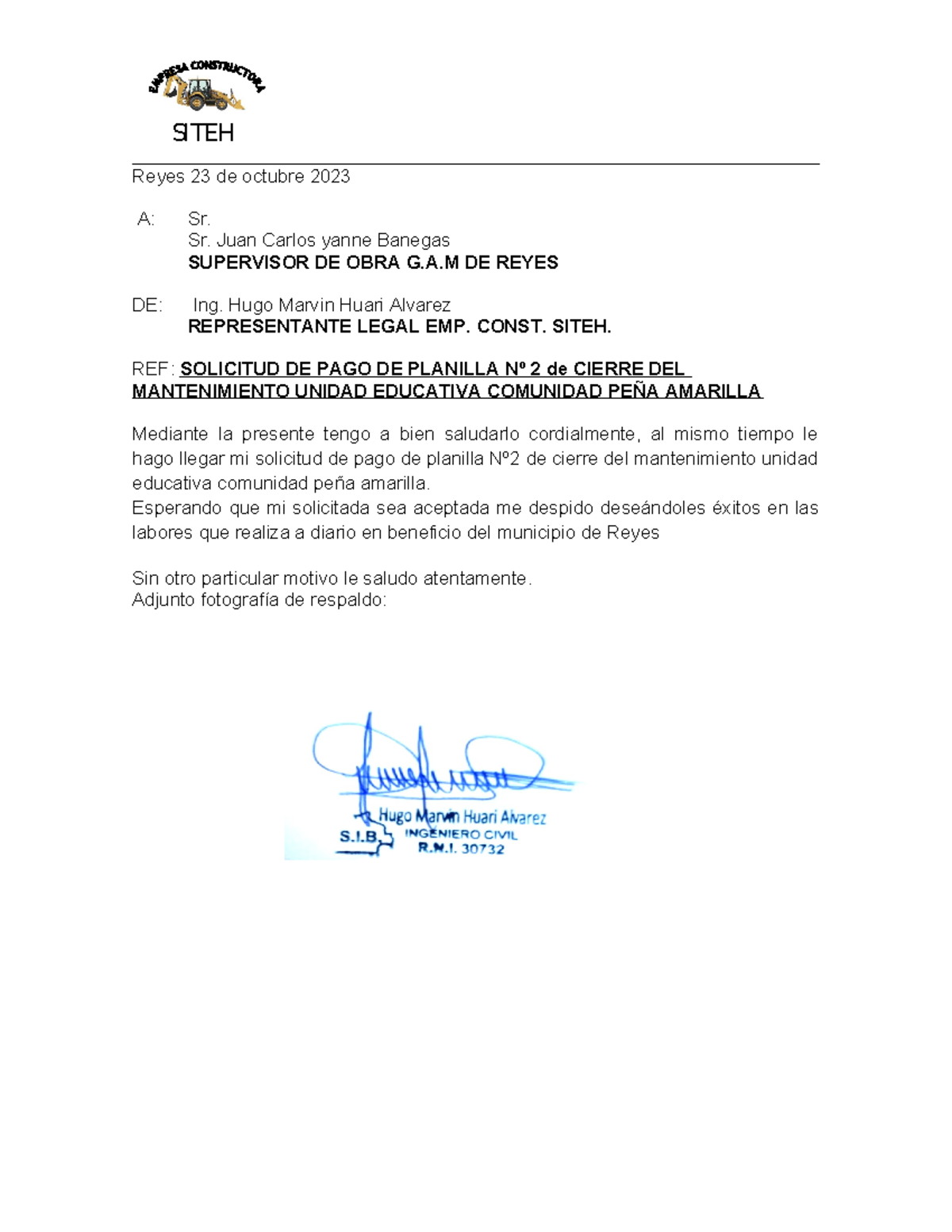 Solicitud pago peña amrilla - SITEH Reyes 23 de octubre 2023 A: Sr. Sr ...