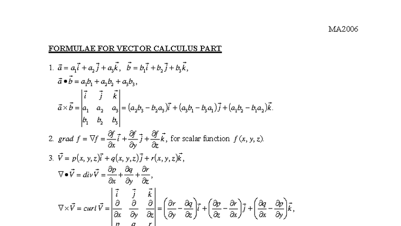 MA2006 Formula Sheet: Vector Calculus, Special Functions & Transforms ...